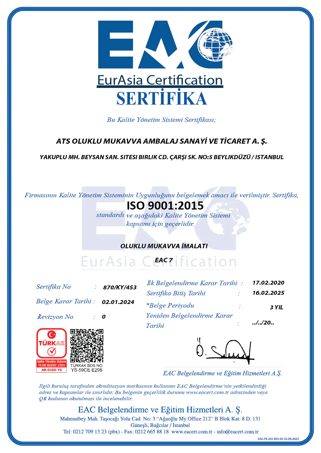 Belge ve Sertifikalarımız | ATS OLUKLU MUKAVVA AMBALAJ SAN. A.Ş.